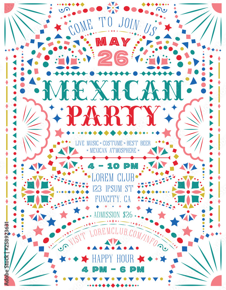 Mexican party announce poster template with Mexican national decorative ...