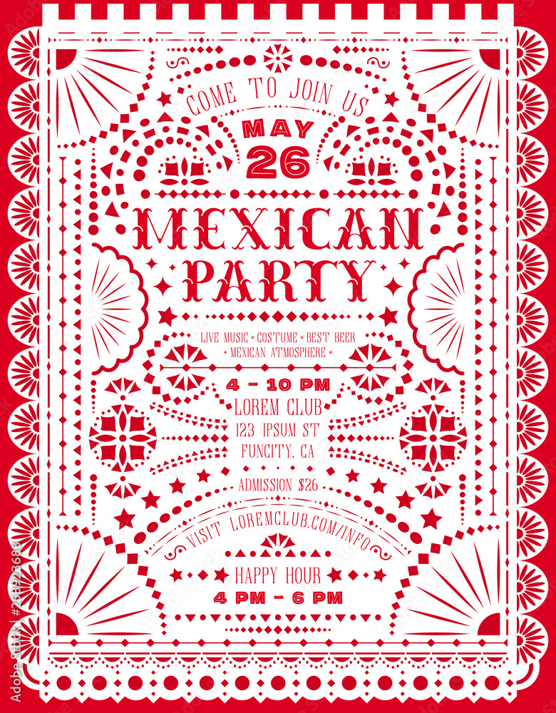 Mexican party announce poster with paper cut design. Papel picado ...