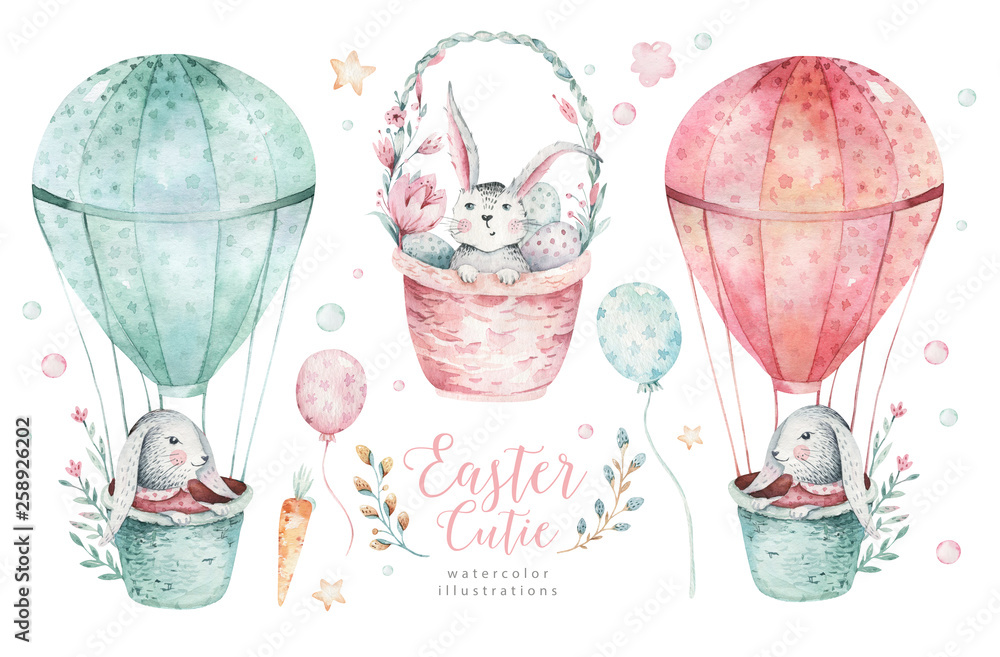 Hand drawn watercolor happy easter set with bunnies design. Rabbit ...