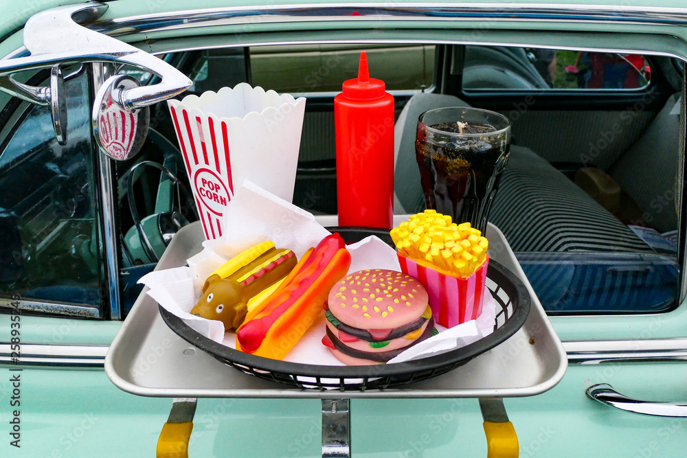 Goshen, Connecticut USA A drive-thru dinner served in an old chevy at ...