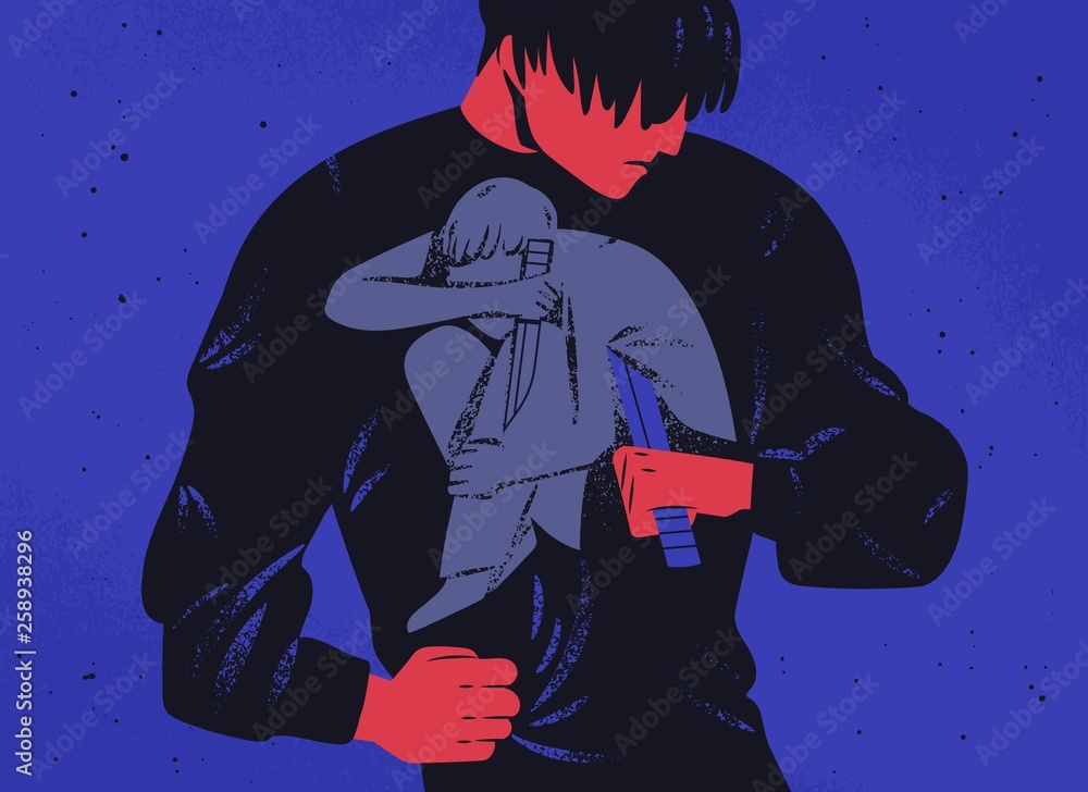 Sad man and his inner personality holding knife. Concept of internal ...