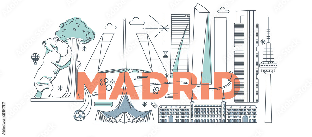 Typography word Madrid branding technology concept. Collection of flat ...