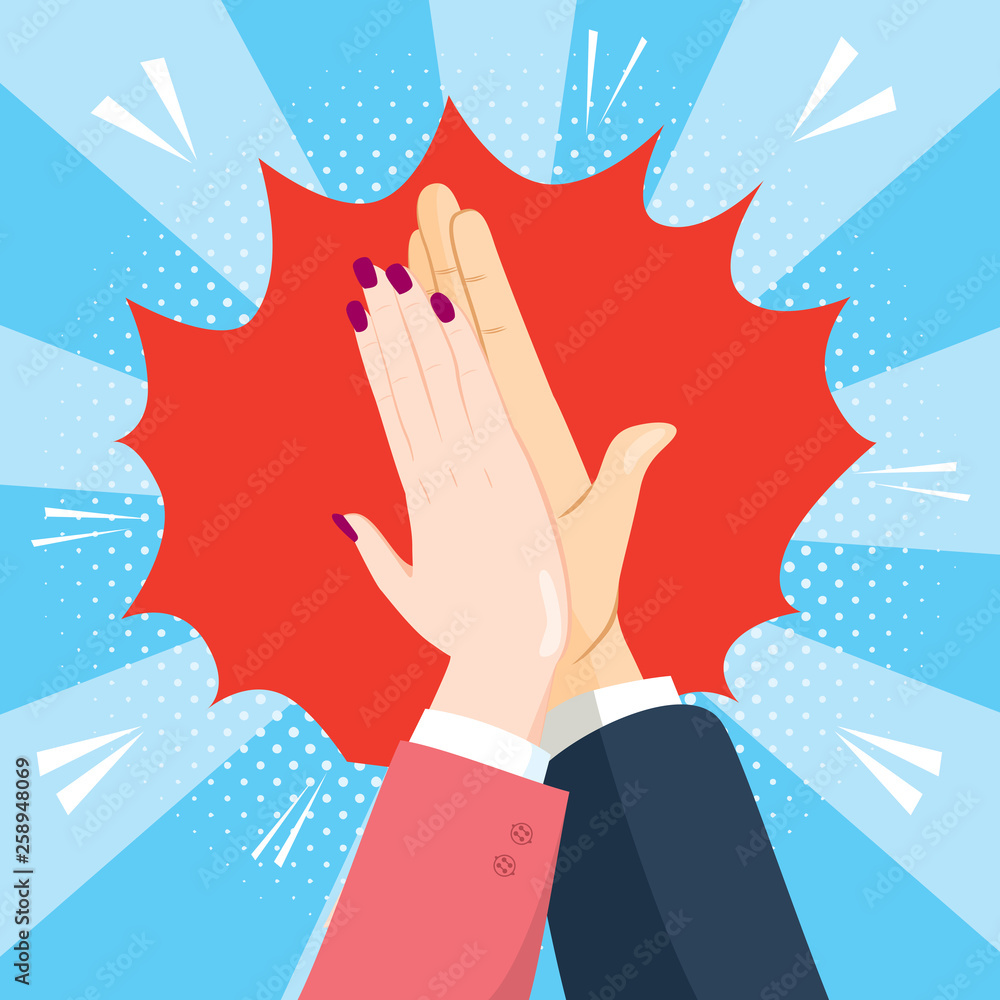 Female and male business people hands making high five greeting gesture ...
