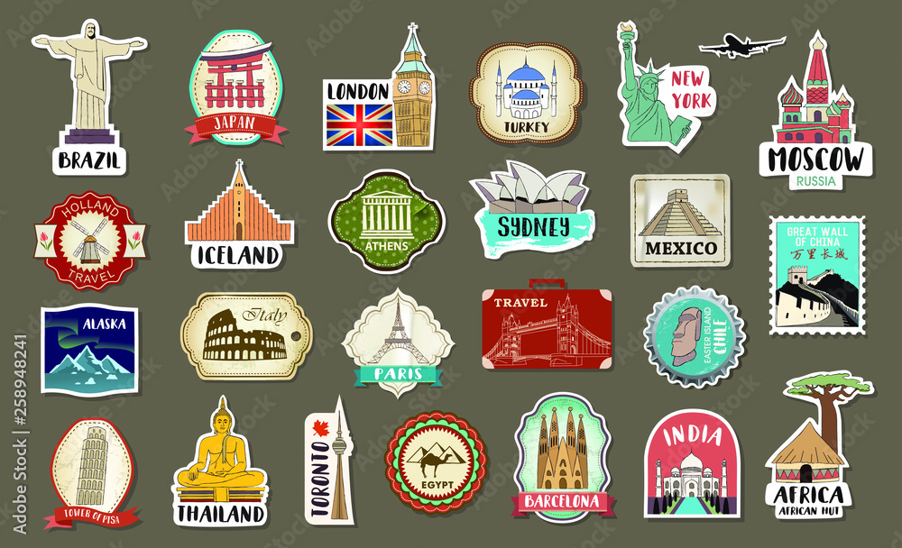 Travel hand drawn labels, tags, stickers and elements set with ...