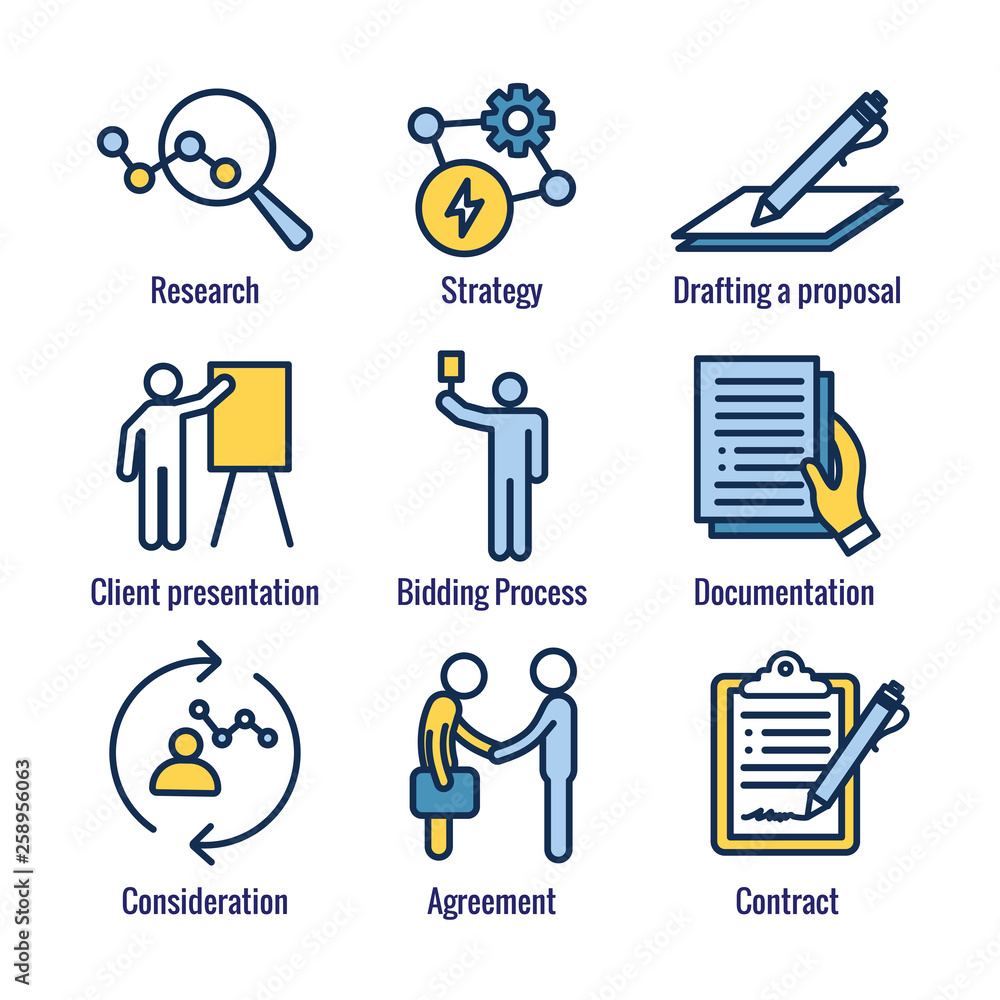 New Business Process Icon Set with Bidding Process, Proposal, Contract ...