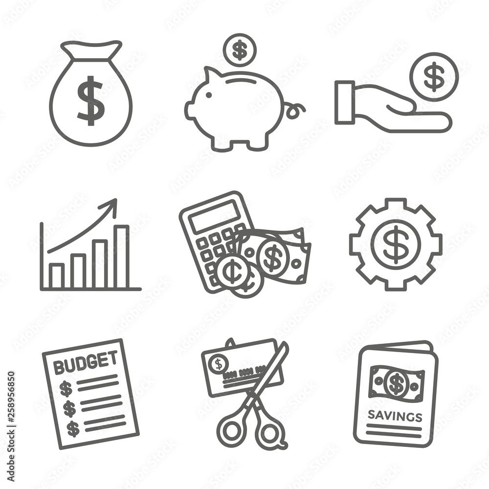Personal Finance & Responsibility Icon Set with Money, Saving ...