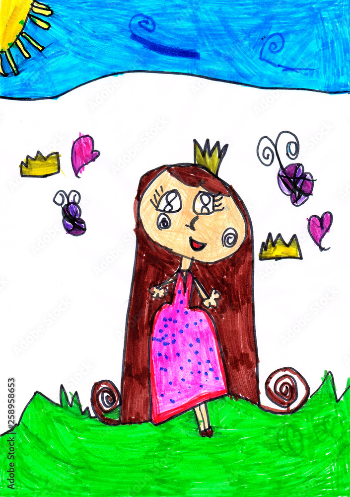 Child's drawing : happy princess with gold crown play with butterfly in ...