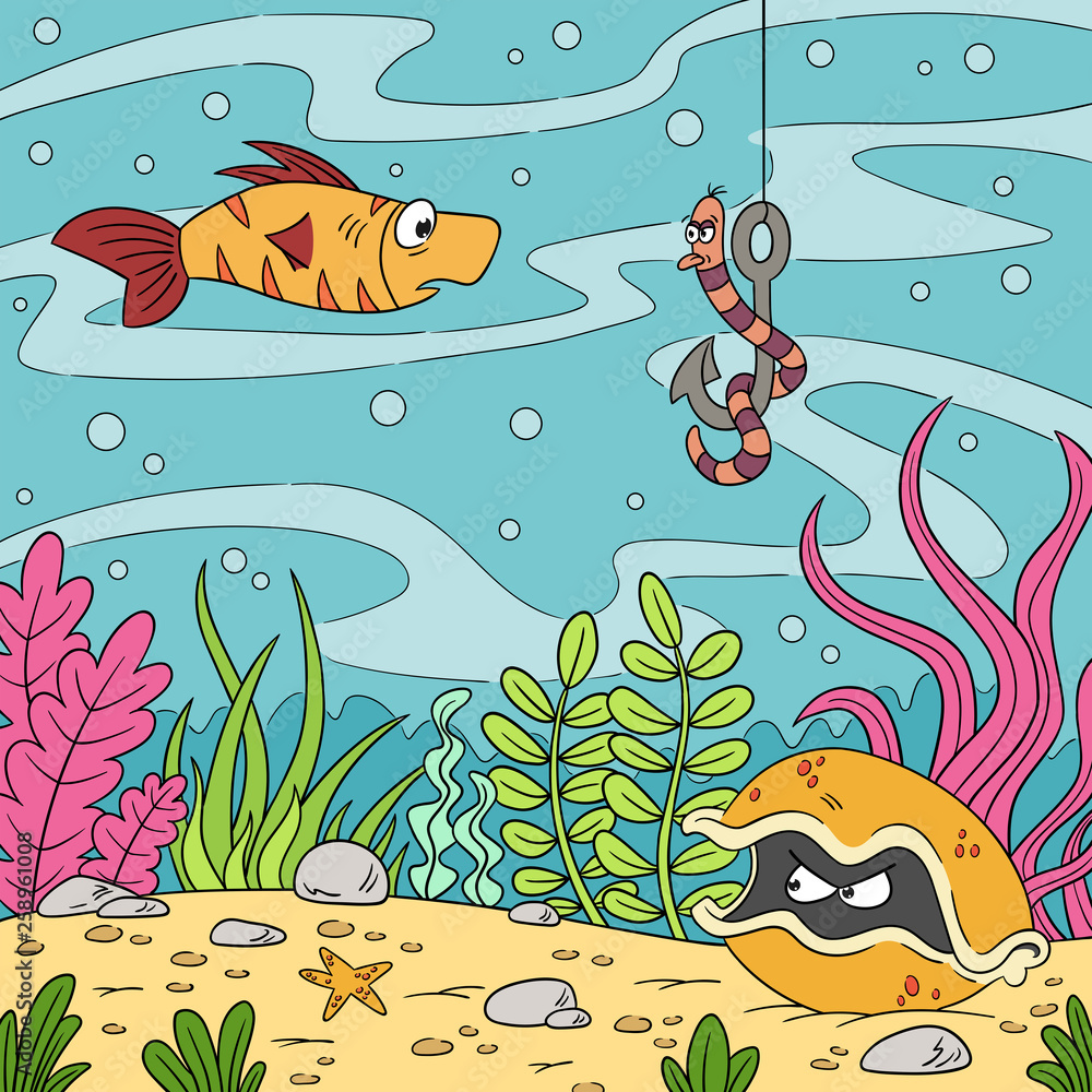 Cartoon underwater landscape with fishes and plants Stock Vector ...