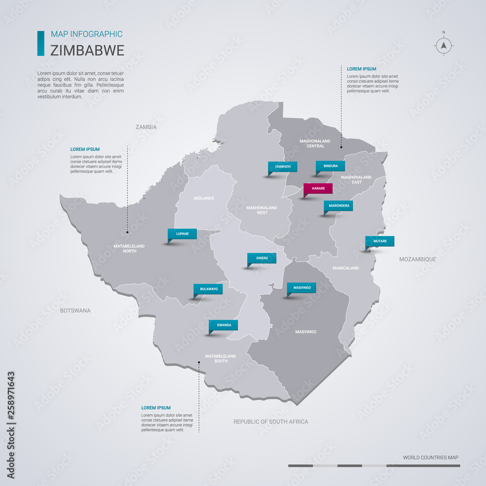 Zimbabwe vector map with infographic elements, pointer marks. Stock ...
