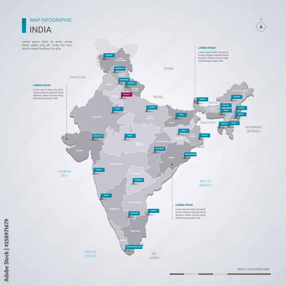 India vector map with infographic elements, pointer marks. Stock Vector ...