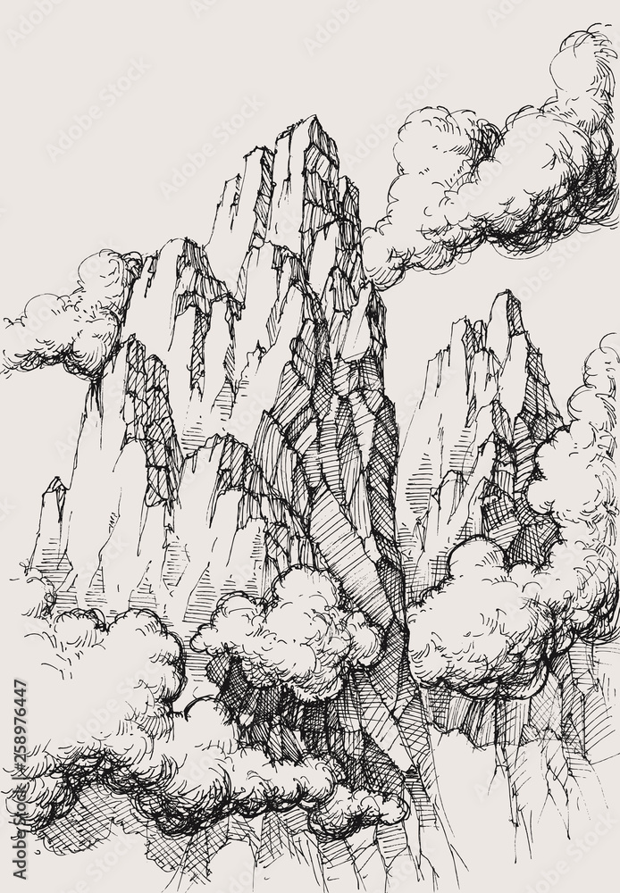 Alpine landscape vector drawing. High mountains in the clouds Stock ...