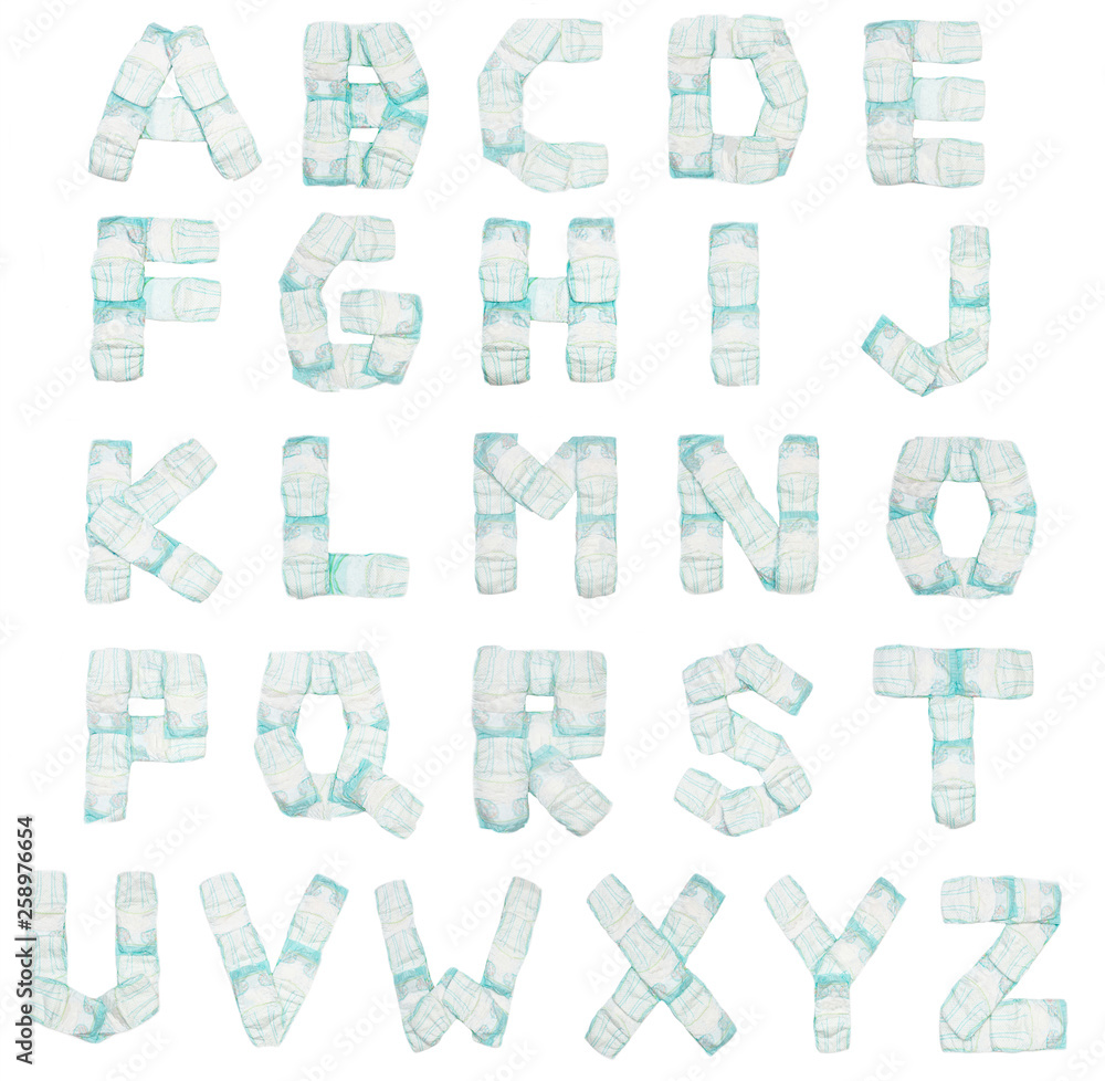 Alphabet from baby diapers on a white background, isolate, ABC ...