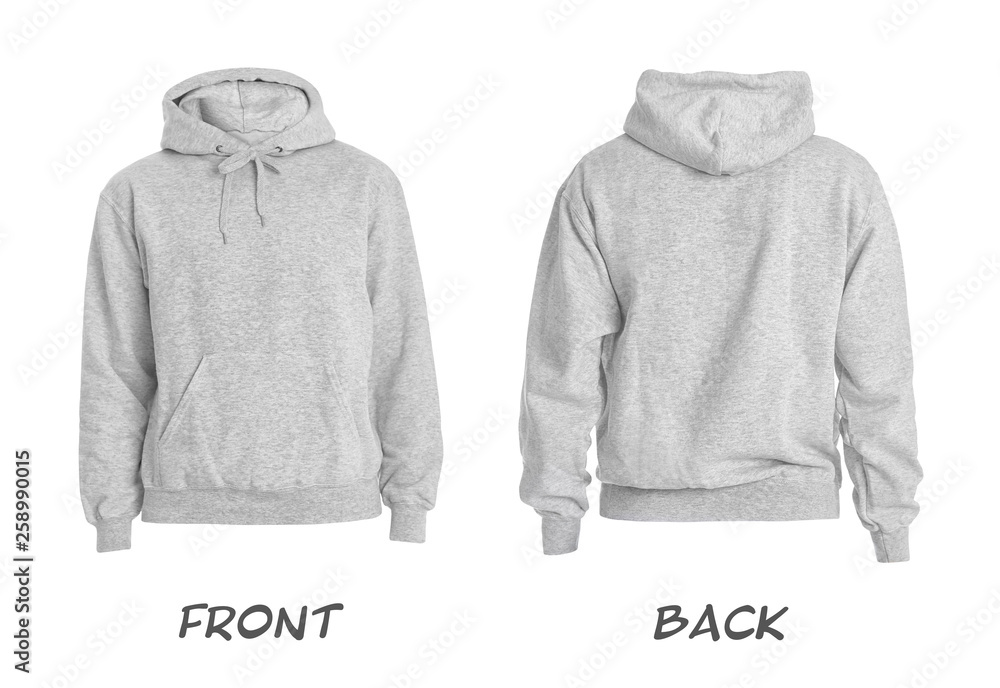 Set of stylish hoodie sweater on white background, front and back view ...