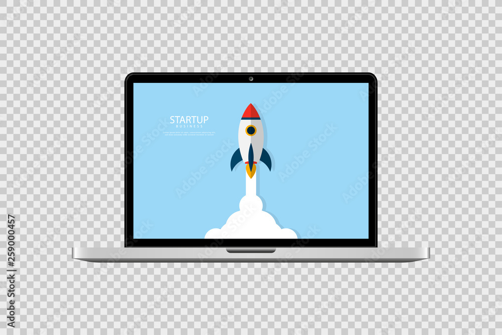 Startup concept. Start Up rocket in laptop. Realistick laptop with ...
