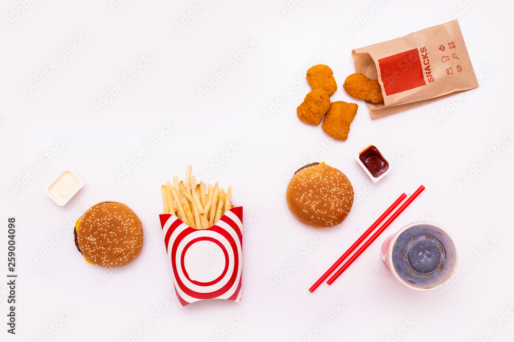 Big delicious fast food menu with burgers, fries, nagets and soda flat ...