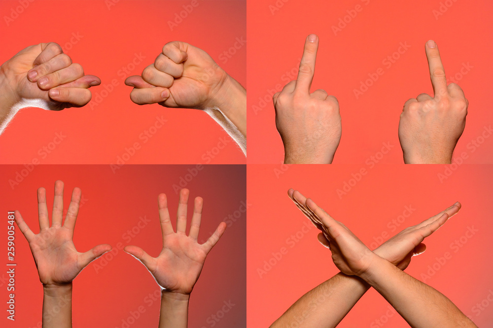 Male hand gestures and signs collection isolated over red background ...