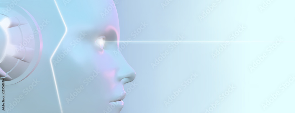 Robotic head side view, data analysis. Futurictic background ...