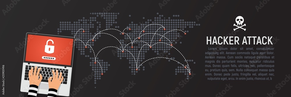 Global hacker attack world map vector illustration web banner rectangle ...