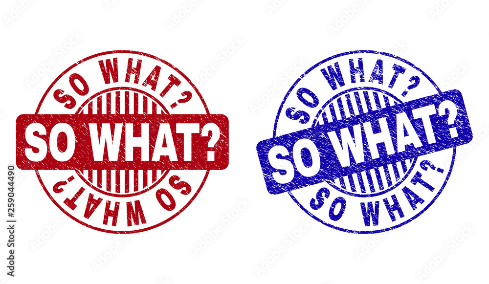 Grunge SO WHAT? round stamp seals isolated on a white background. Round ...