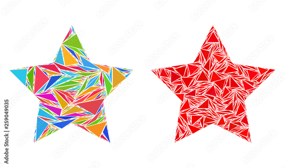 Triangle collage Red star icons composed of triangle items in different ...