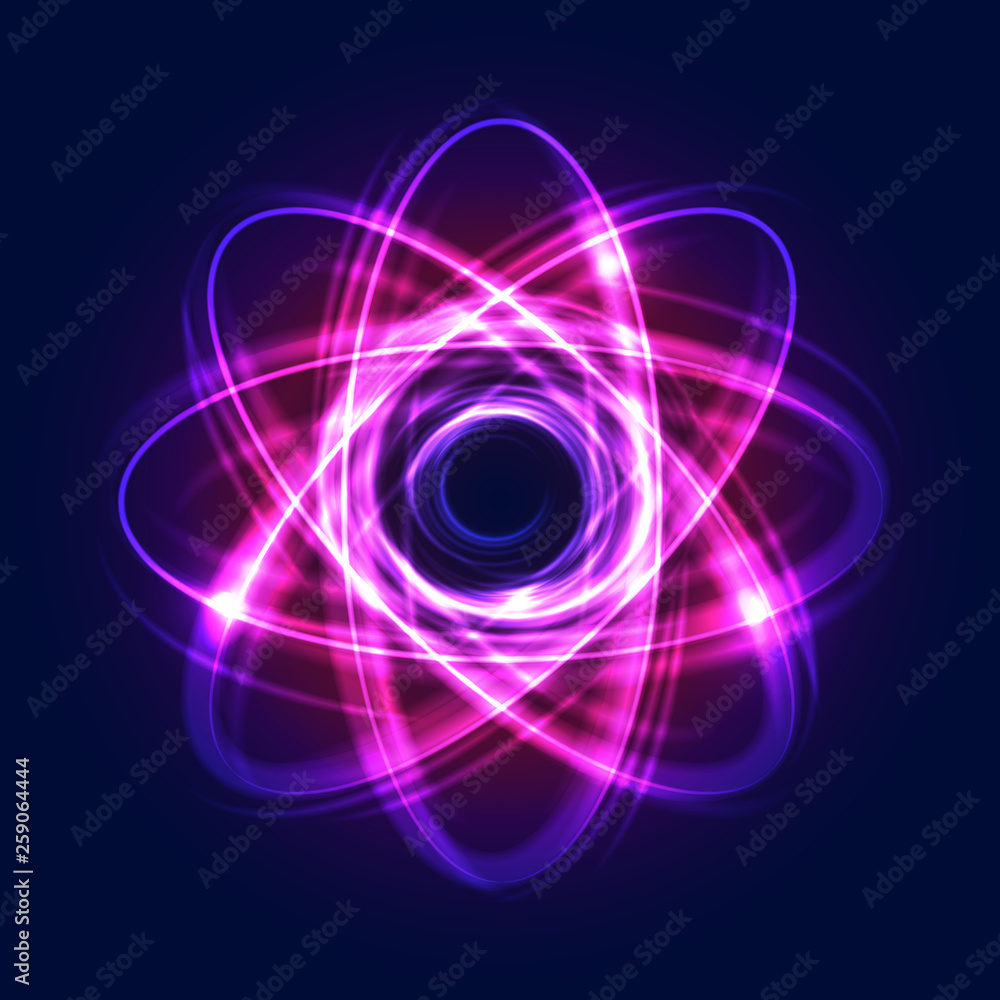 Abstract atom from particles, abstract light background. Blue purple ...