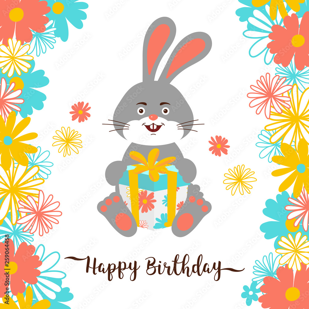 Cartoon bunny Happy Birthday greeting card. Cute bunny holds a gift ...
