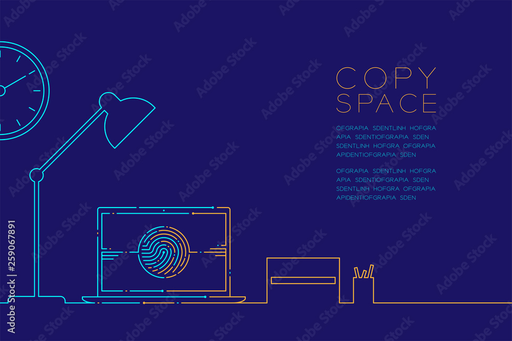 Office workplace and laptop computer with fingerprint dash line ...