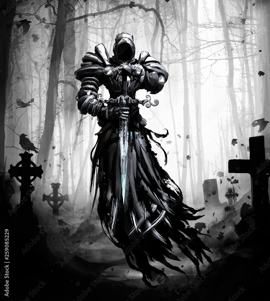Dark spirit in armor with a sword flies through the gray cemetery with ...