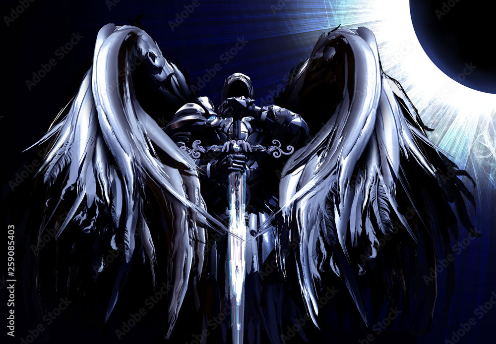 Majestic towering angel with a sword in his hands in a dynamic ...