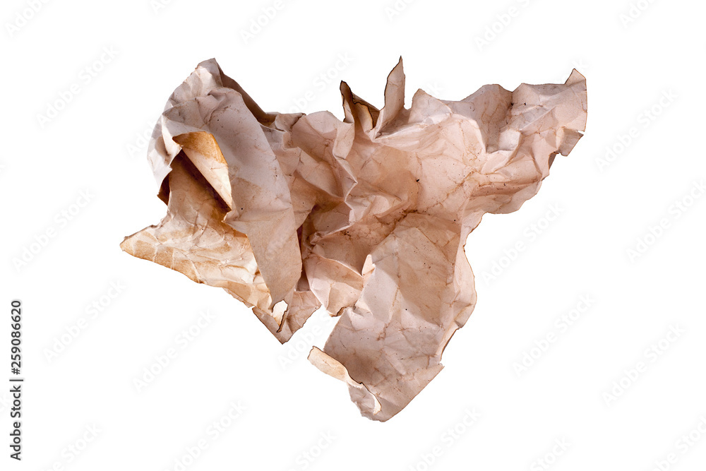 Сrumpled old brown paper ball on white background isolated close up ...