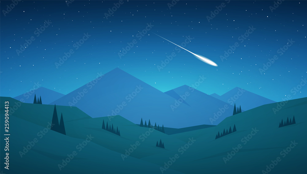 Flat cartoon Night Mountains landscape with hills, stars and meteor on ...