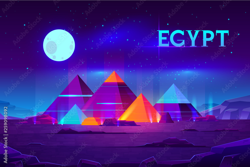 Giza plateau nigh landscape with egyptian pharaohs pyramids complex ...