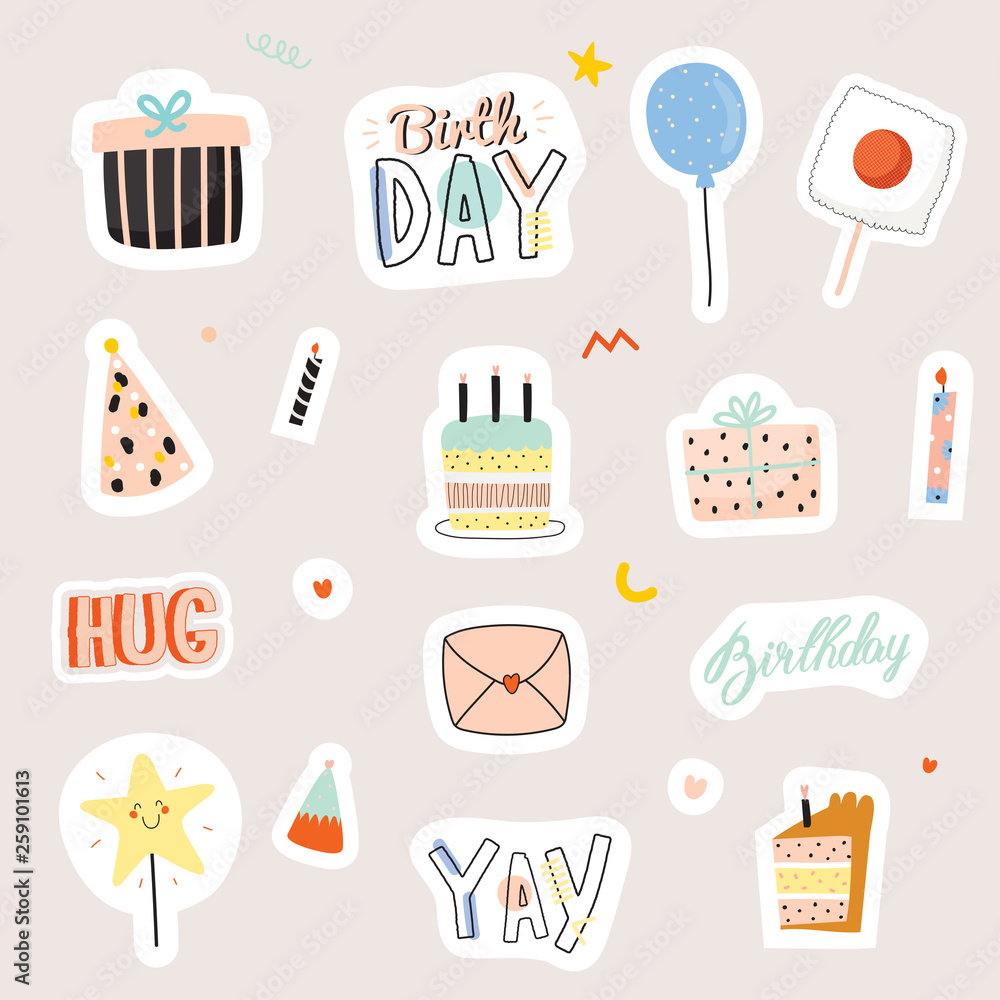 Happy birthday kids set with cute Holiday Party elements; gift box ...