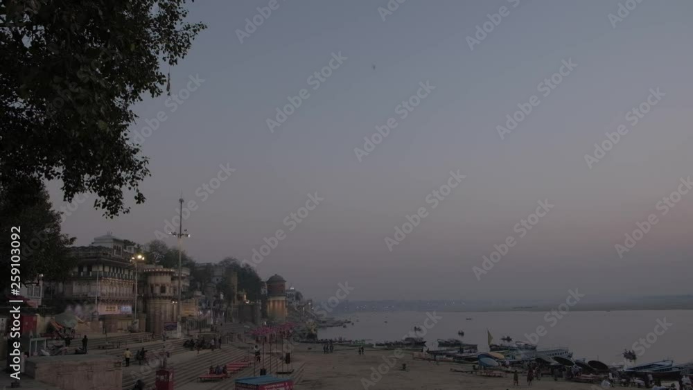 Dusk view of Ganges and the ghats and temples of Varanasi, oldest and ...