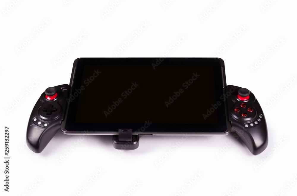 Portable game console. Gamepad and tablet. Black joystick on white ...