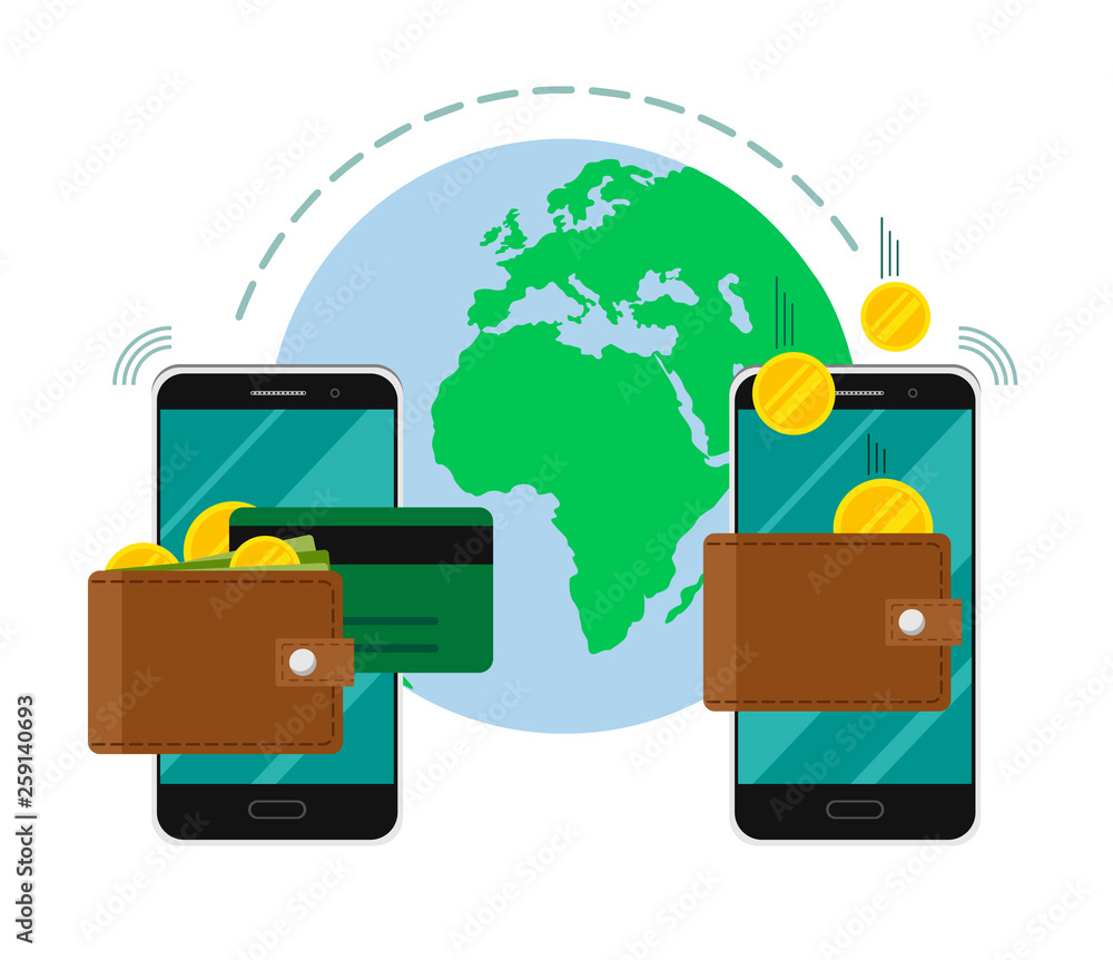 Money transfer via mobile phone around the world vector illustration ...