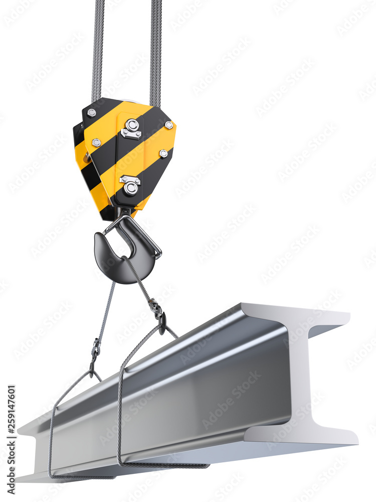 Crane hook hanging on a steel ropes with steel I-beam. Stock ...