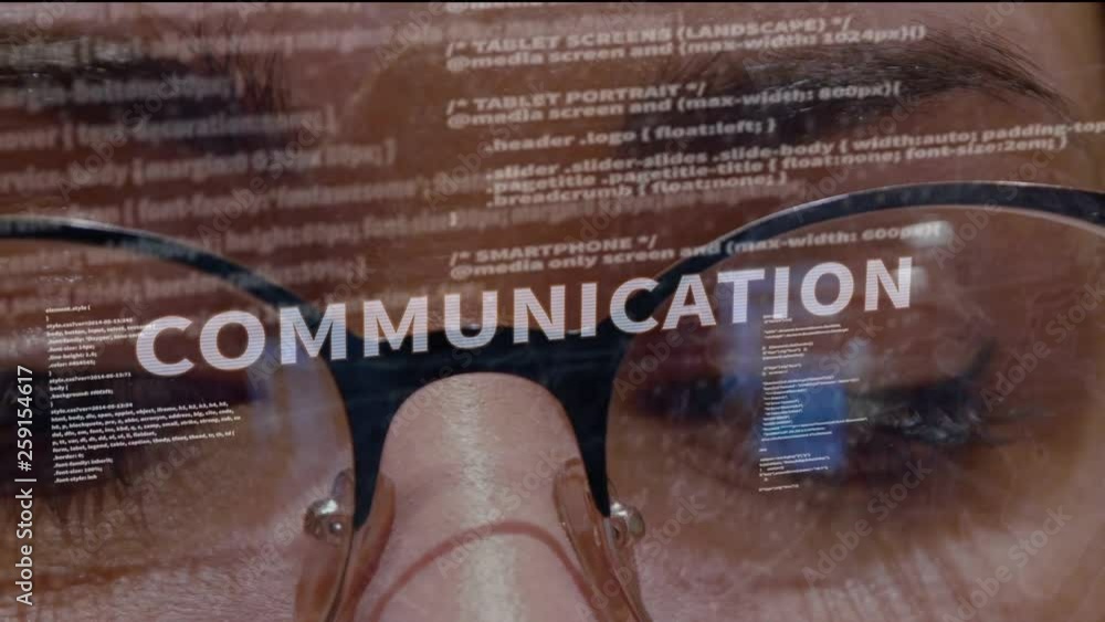 Communication text on the background of female software developer. Eyes ...