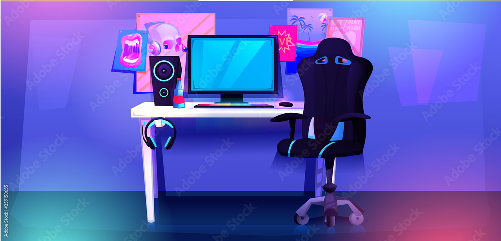 Vetor de ESports interior banner. Workplace cyber sportsman gamer. A ...