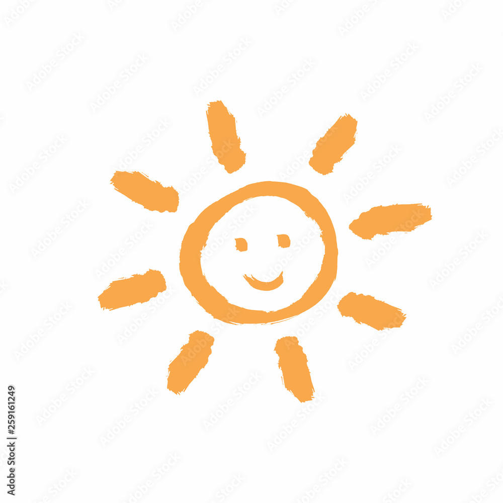 Cute smiling sun painted by hand with a rough brush. Grunge icon, logo ...