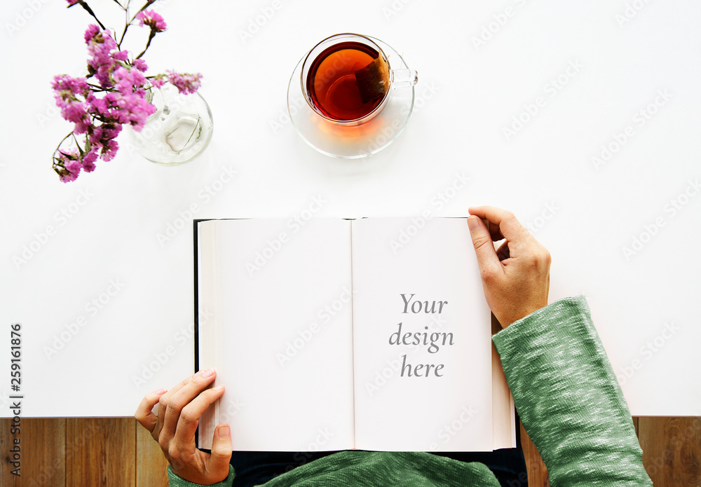 Woman Reading a Book Mockup on Minimalist Table Stock Template | Adobe ...