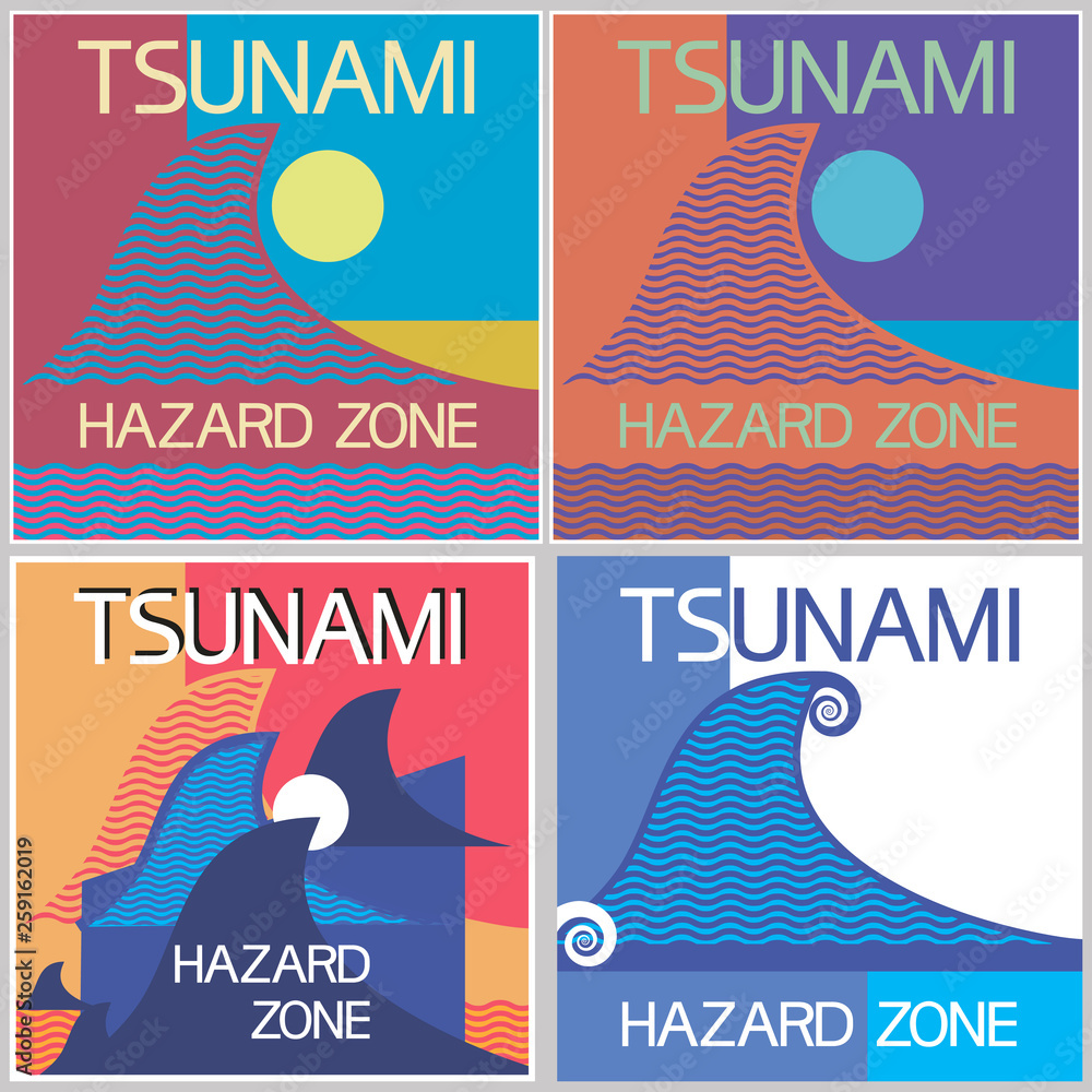 Tsunami hazard zone. Sign, set. Warning poster about the possibility of ...