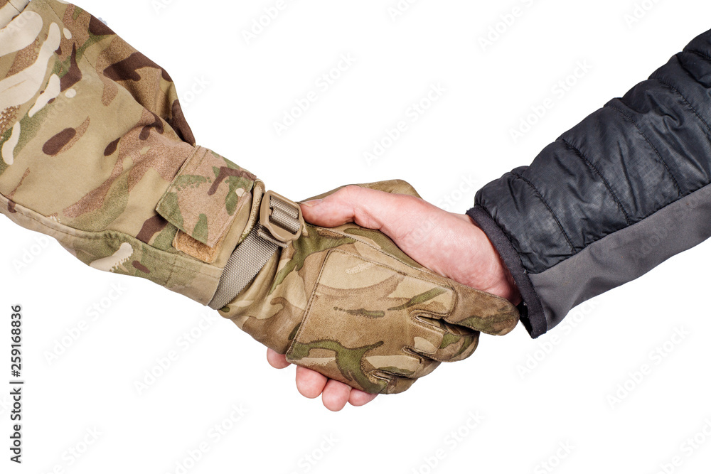 Soldier and civilian shaking hands on white background Stock Photo ...