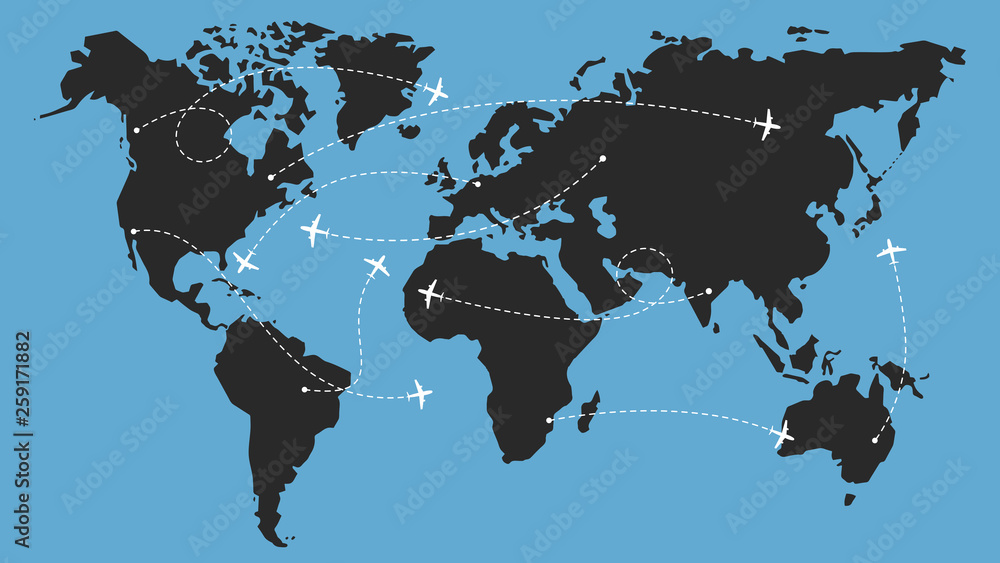 World map with airline routes, silhouette of world map with icons of ...
