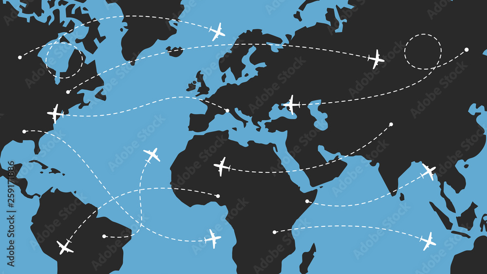 World map with airline routes, silhouette of world map with icons of ...
