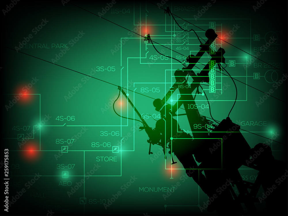 Vetor de Power outage concept, single line diagram of distribution ...