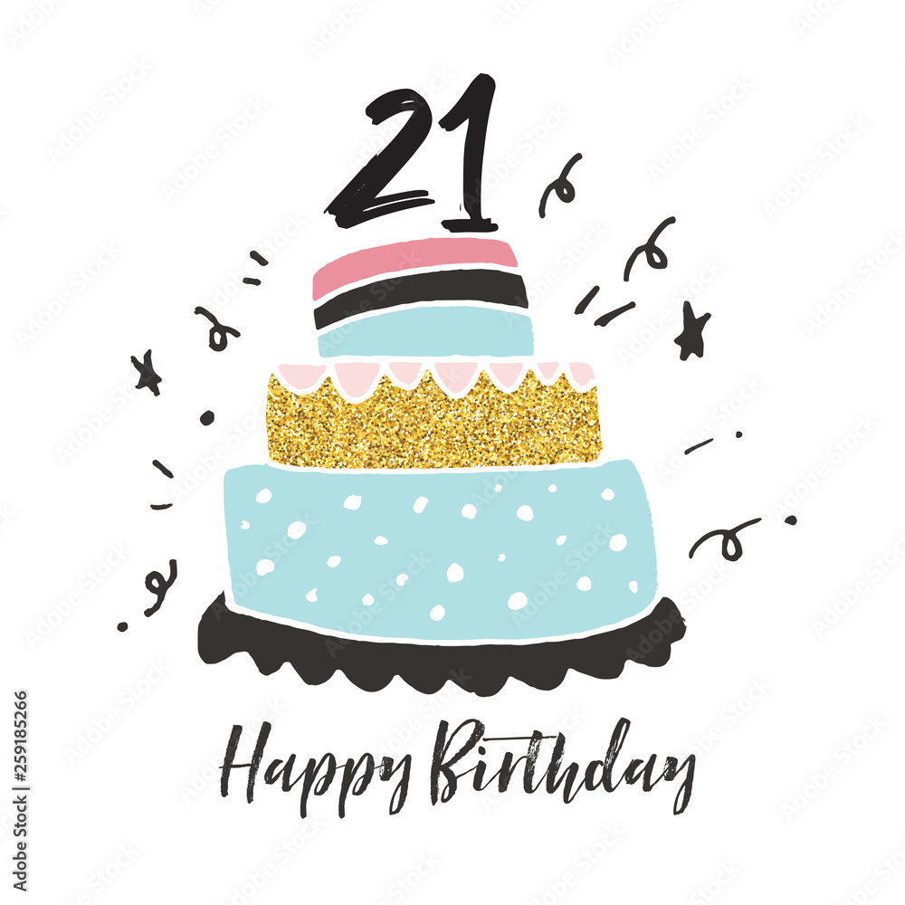 21st birthday hand drawn cake birthday card Stock Vector | Adobe Stock