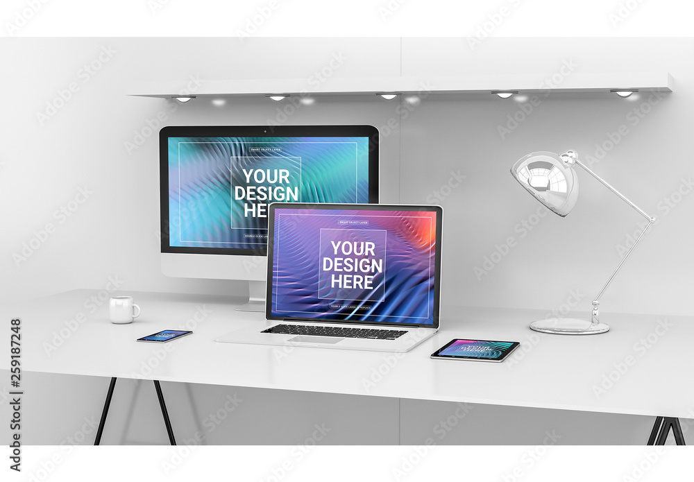 Computer, Laptop, Phone, and Tablet on White Desktop Mockup Stock ...