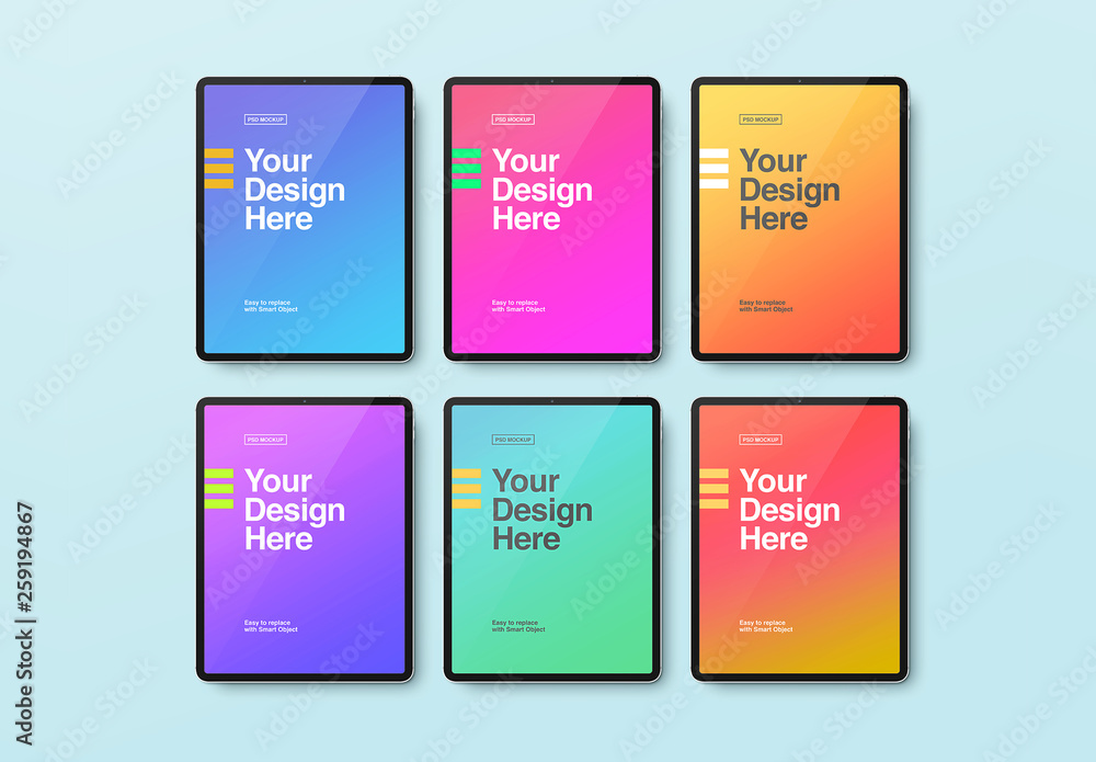 6 Tablet Mockups on a Blue Background Stock Template | Adobe Stock