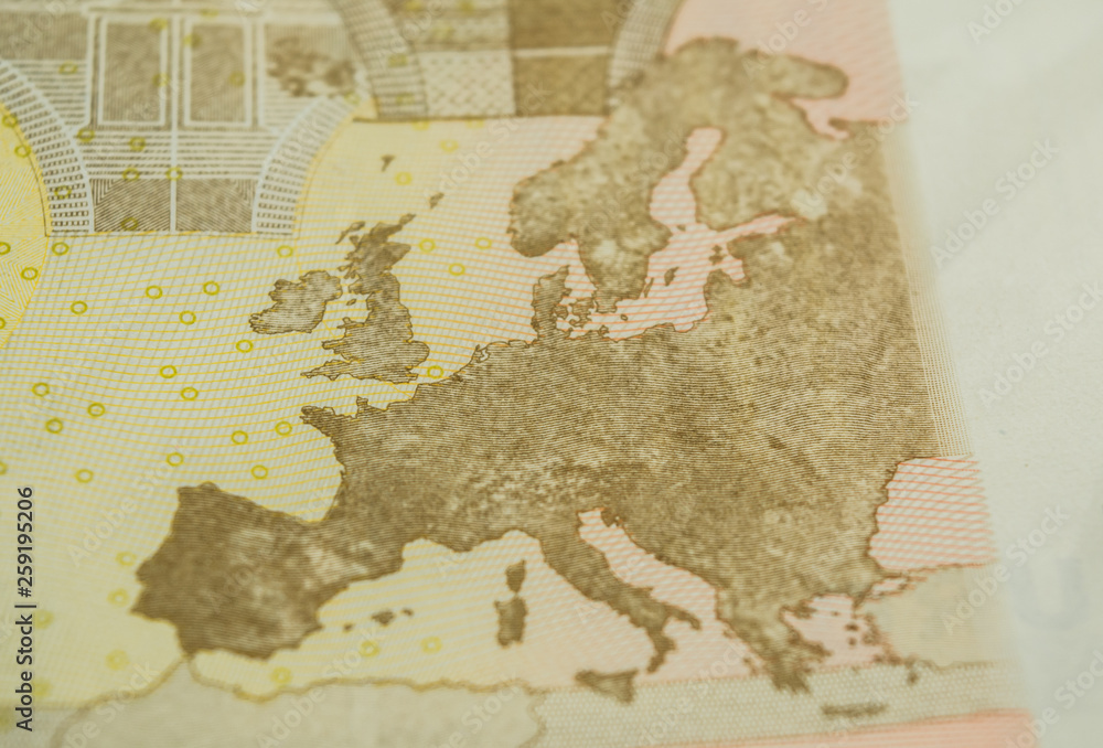Map of Europe on a fifty euro banknote, close up details. Stock Photo ...